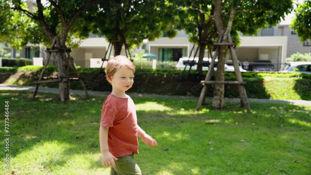 Adorable Caucasian boy, playing in grass in small village park, little ...