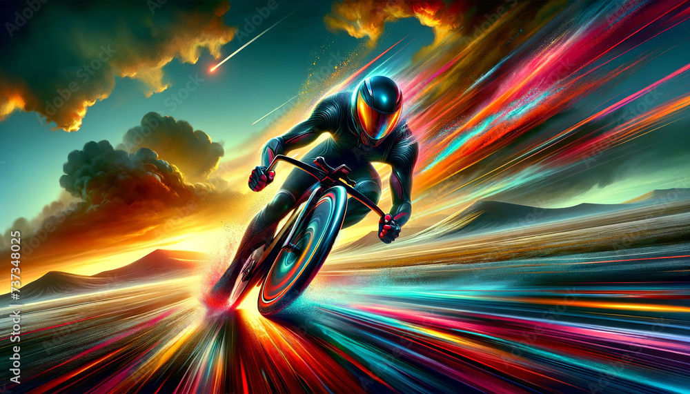A futuristic speed cyclist in a streamlined outfit speeds through a ...