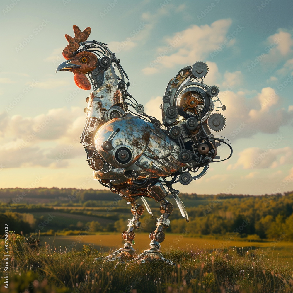 Create a thought-provoking image of a cleverly constructed chicken ...