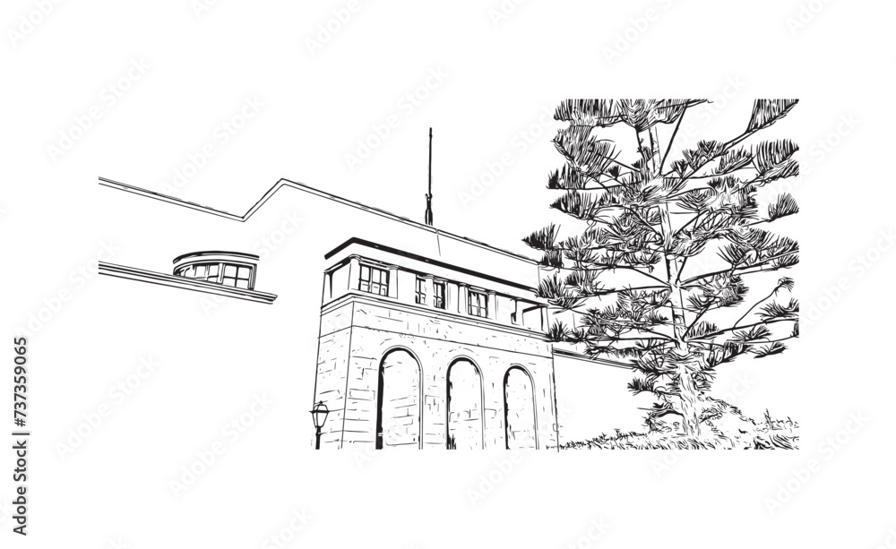 Building view with landmark of Kos city. Hand drawn sketch illustration ...