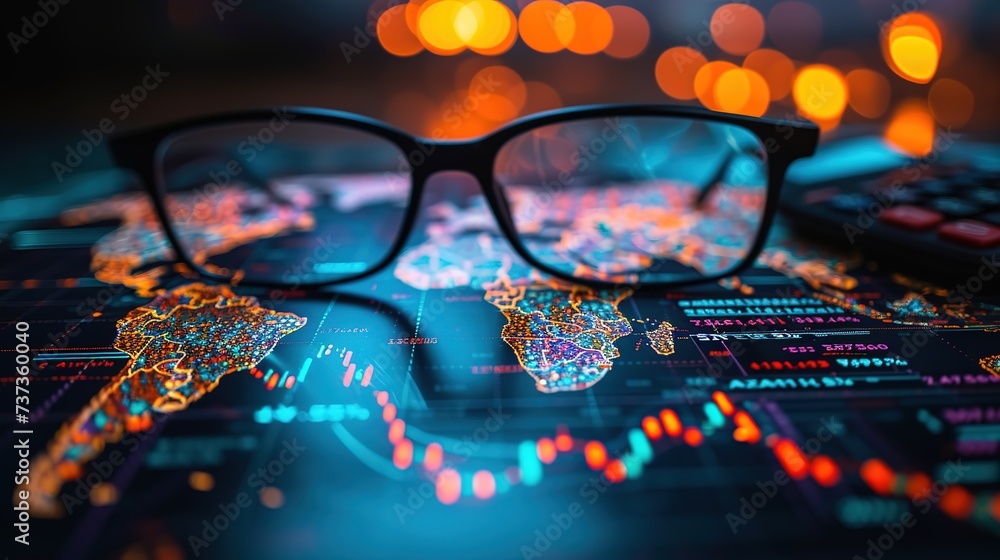 Eyeglasses rest on a surface with an illuminated digital world map in ...