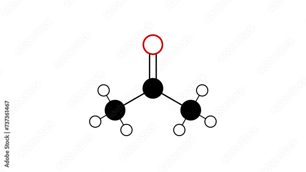 acetone molecule, structural chemical formula, ball-and-stick model ...
