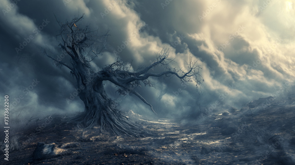 Devastated scorched earth in the valley, burnt trees, burnt vegetation ...