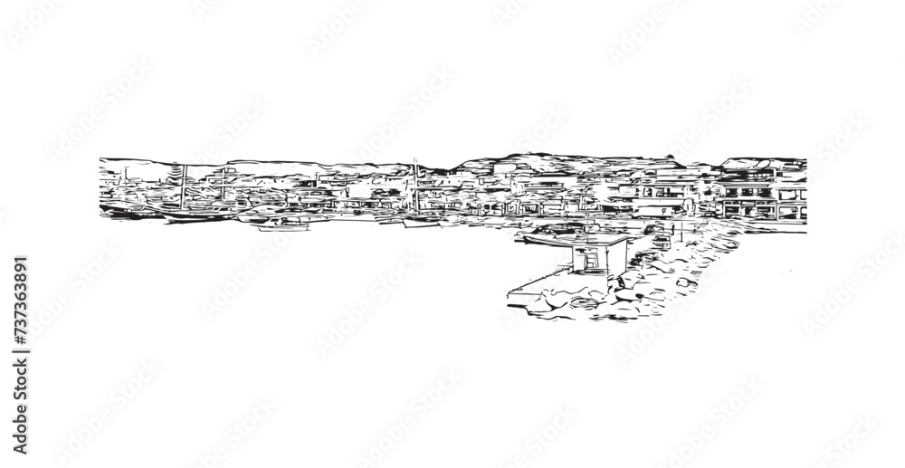 Building view with landmark of Kos city. Hand drawn sketch illustration ...