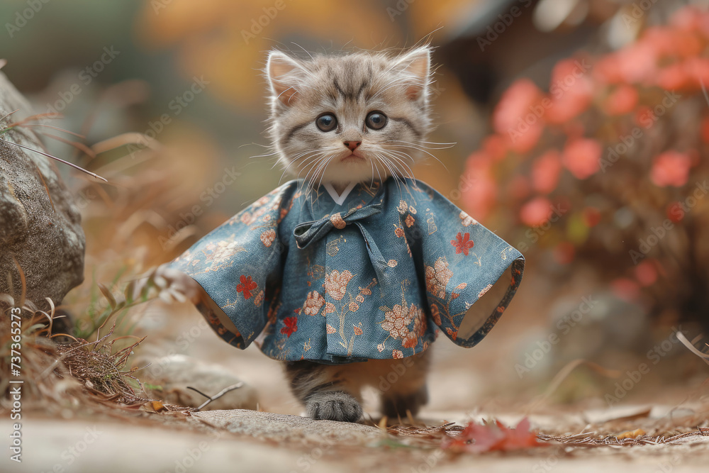 gatito bebé caminando sobre sus patas traseras, hanbok tradicional ...