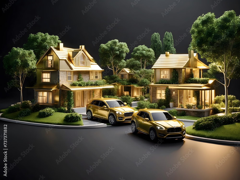 Generic basic homes and streets with automobiles little town models in ...