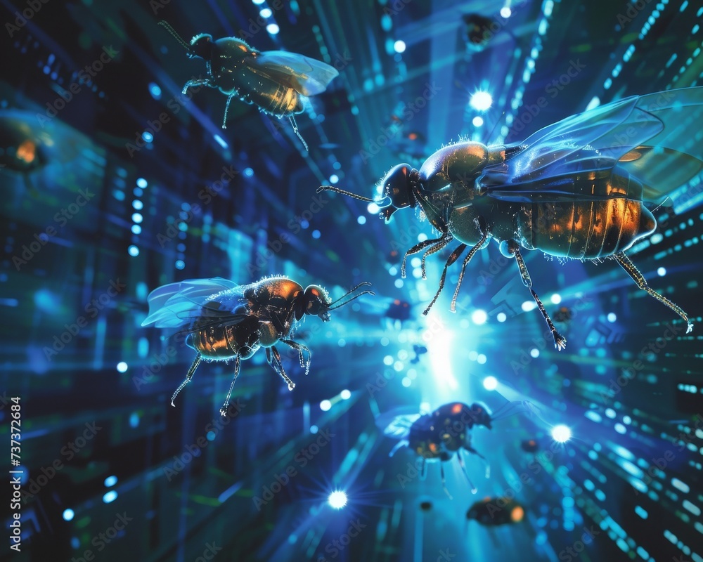 A backdrop background capturing a scene of futuristic bugs with digital ...