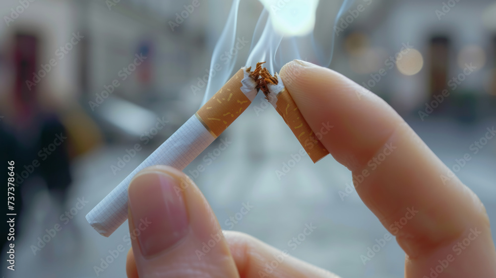 Hands are shown breaking a cigarette in half, symbolizing the decision ...