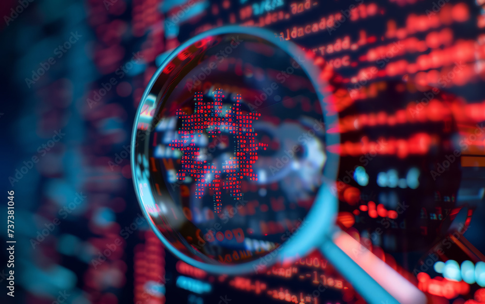 Computer Virus. A close-up on a digital magnifying glass revealing a ...