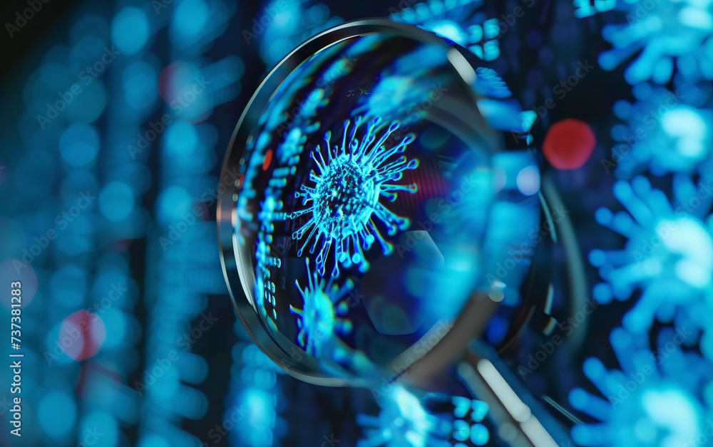 Computer Virus. A close-up on a digital magnifying glass revealing a ...