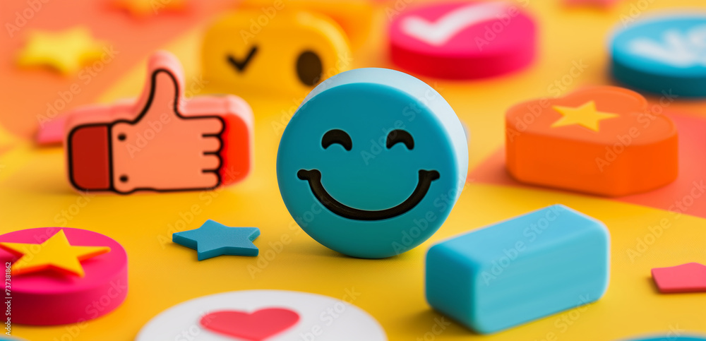 Smiley face surrounded by positive symbols, thumbs-up gestures, stars ...