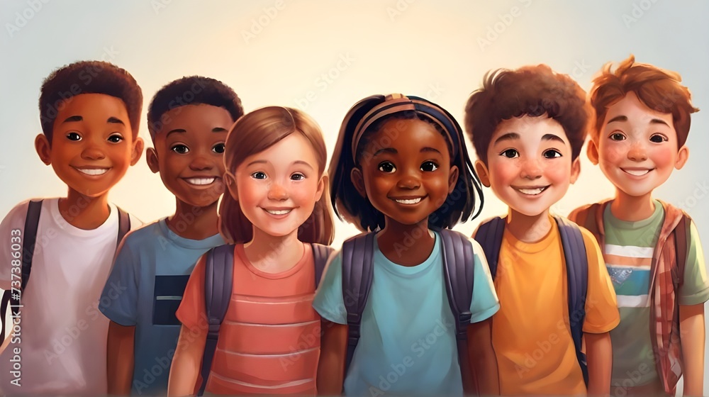 Realistic image of a group of smiling children of different ...
