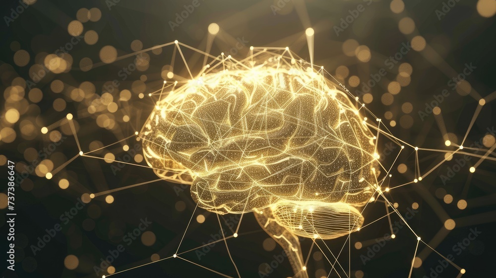 An abstract digital illustration of a human brain composed of a network of glowing nodes and ...