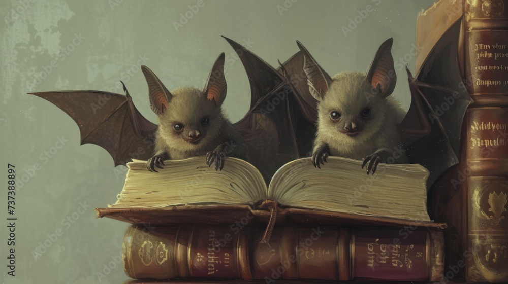 two bats sitting on top of an open book on top of a pile of books next ...