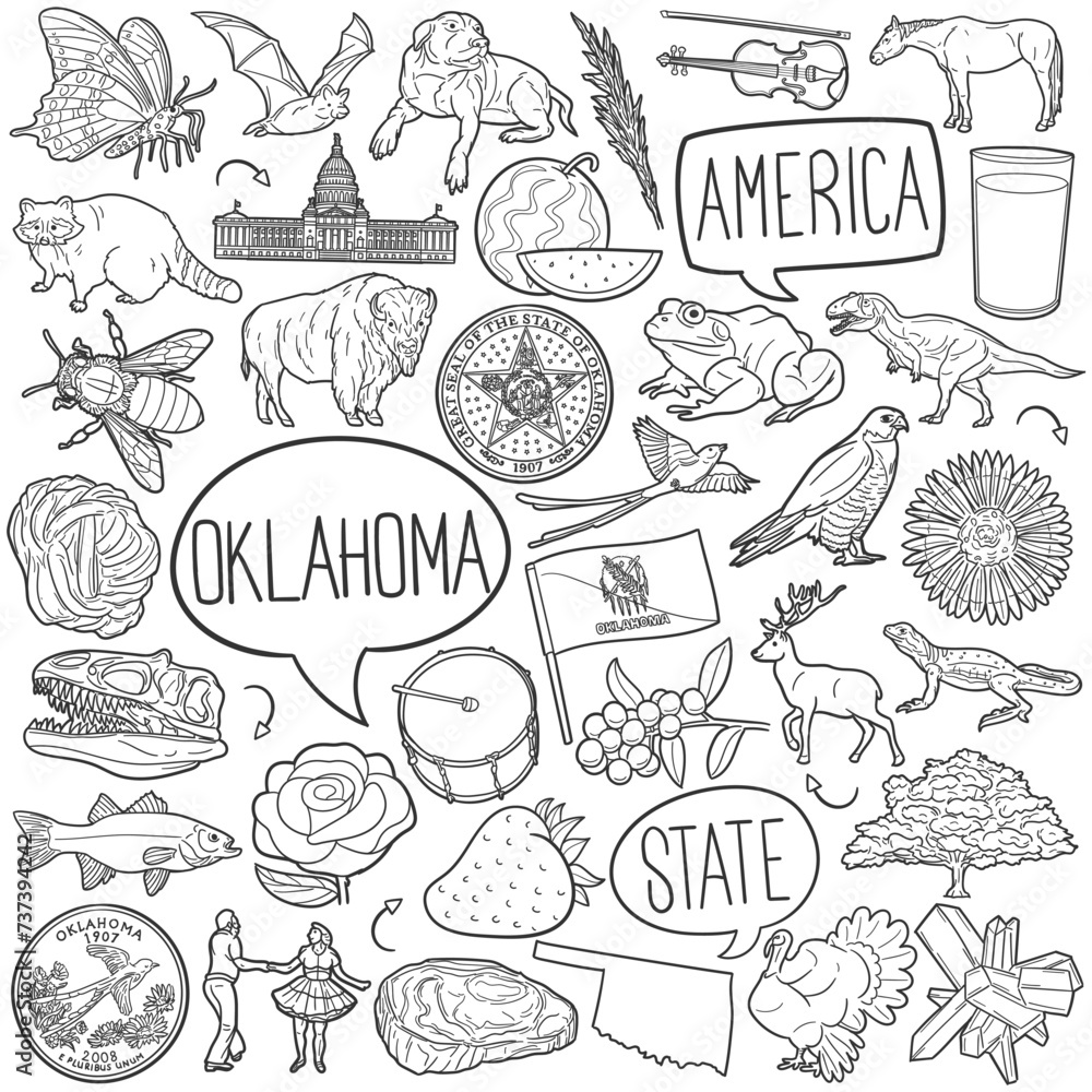 Oklahoma Doodle Icons Black and White Line Art. USA State Clipart Hand ...