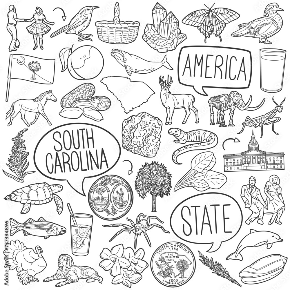 South Carolina Doodle Icons Black and White Line Art. USA State Clipart ...