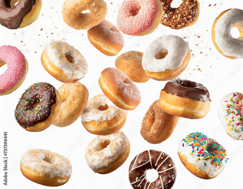 Donuts falling advertising shooting; a series of photos from above in ...