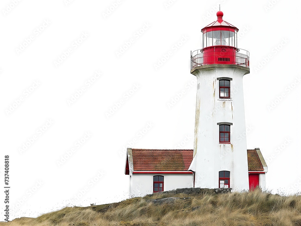 An aged lighthouse stands against a pristine white backdrop, a symbol ...