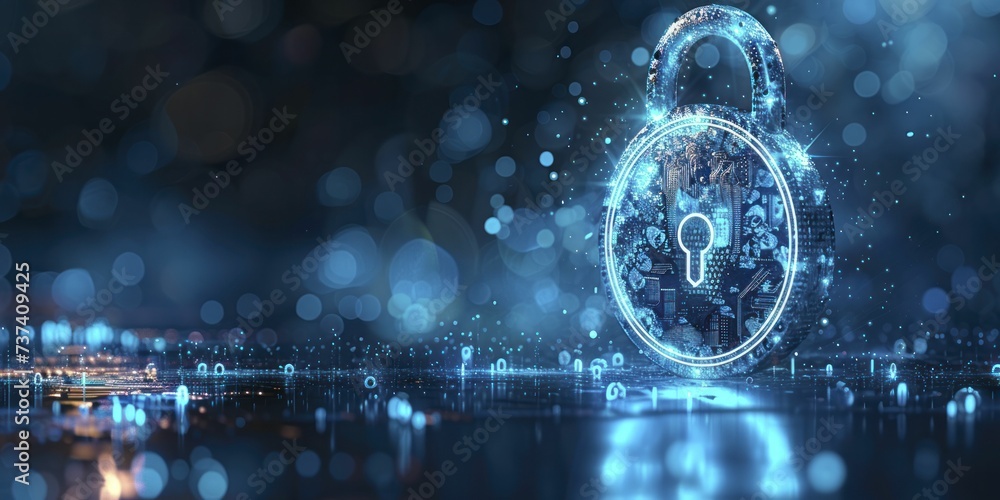 Concept of ransomware threat depicted with neon blue lock and countdown ...