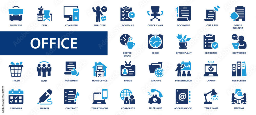 Office flat icons set. Workplace, desk, coworking, employee, computer ...