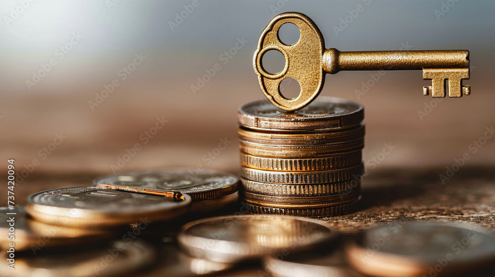 Key to Wealth: A Stack of Coins Topped with an Elegant Key, Signifying ...