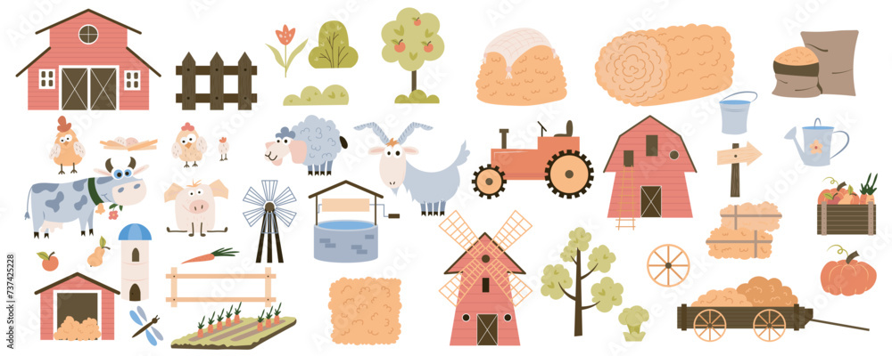 Cute farming mega set in cartoon graphic design. Bundle elements of ...