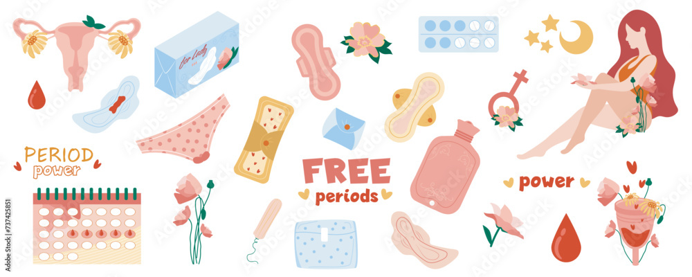 Menstrual period mega set in cartoon graphic design. Bundle elements of ...
