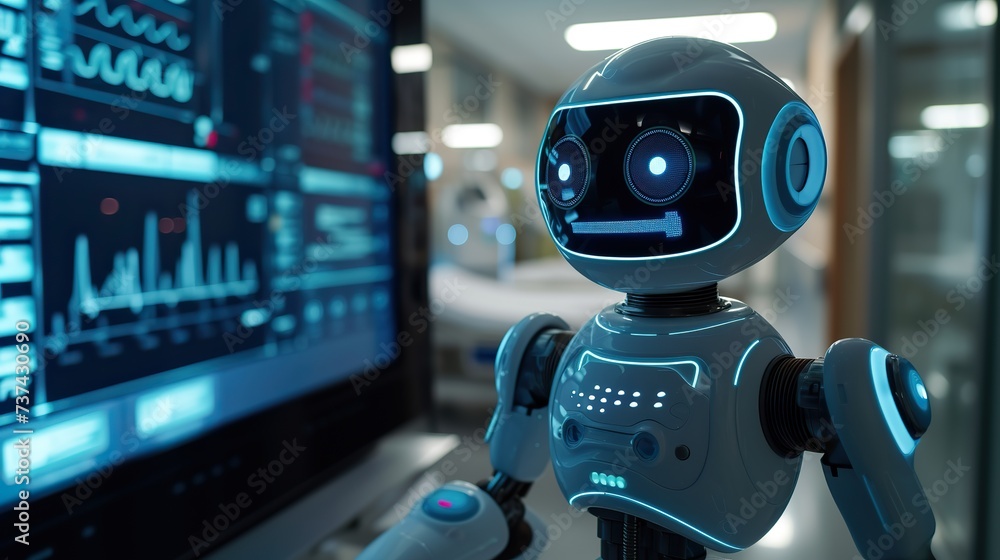 A humanoid robot with a screen face is shown examining and interpreting ...