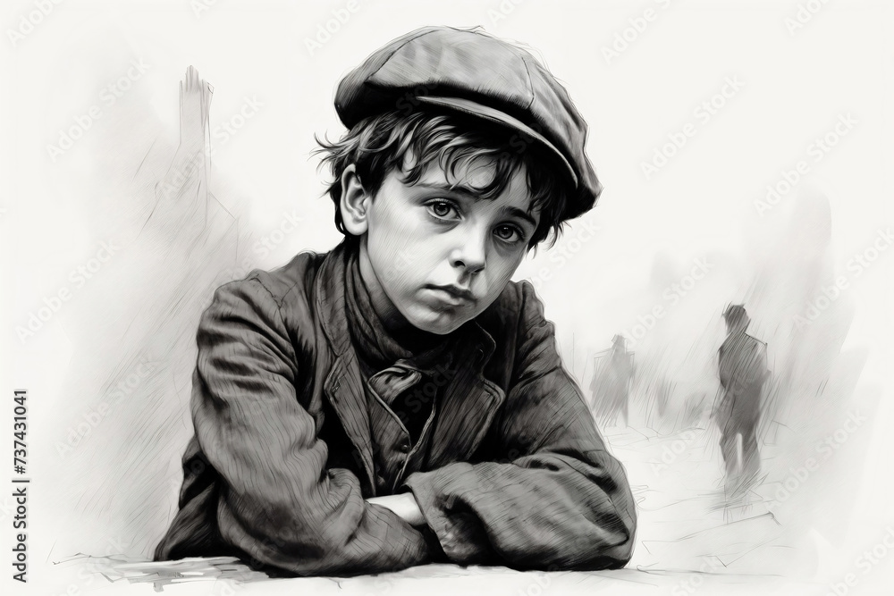 Pencil style drawing of sad Victorian era boy. Generative AI image ...
