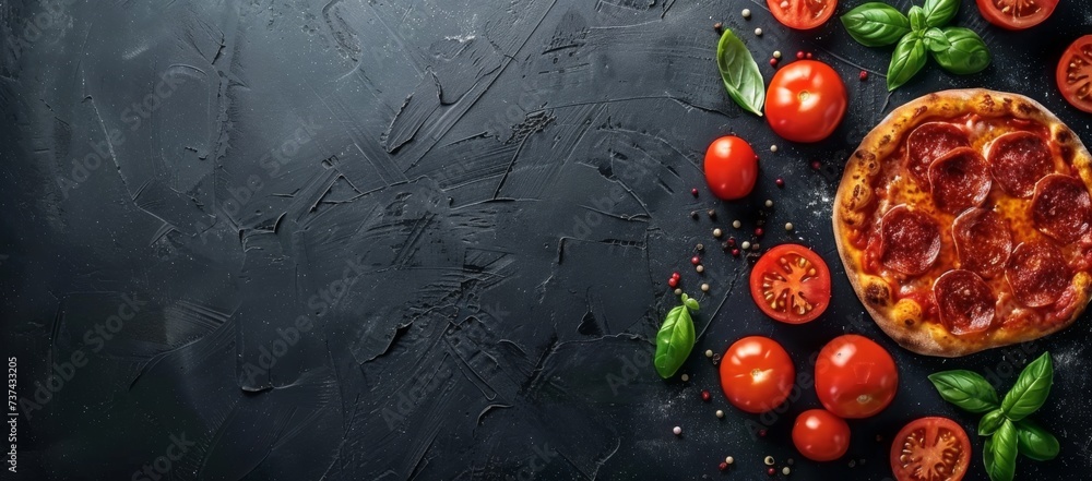 Small pepperoni pizza adorned with tomatoes and basil sits against a ...