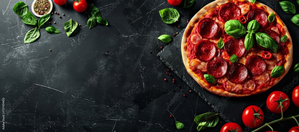 Pepperoni pizza adorned with tomatoes and basil sits against a striking ...