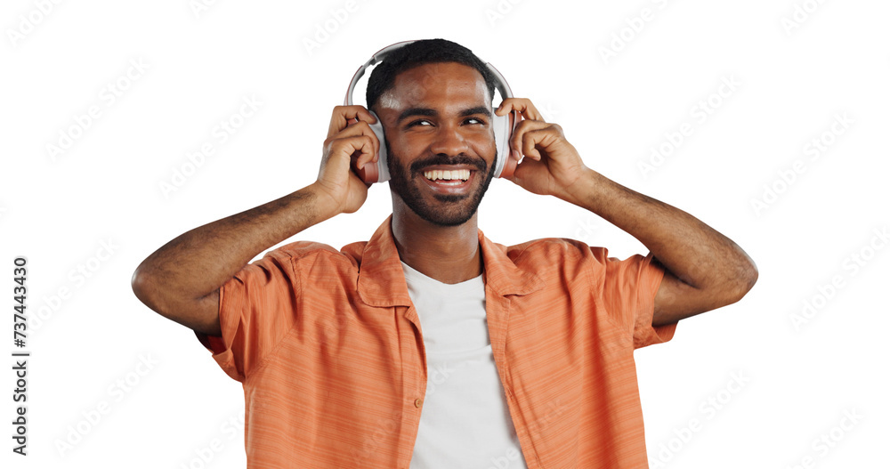 Isolated African man, headphones and happy to listen to music with ...