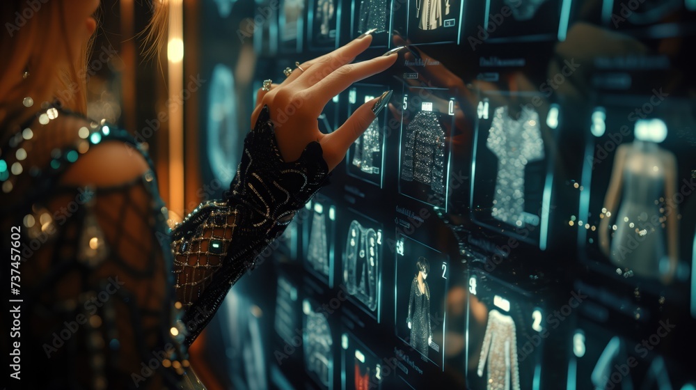 Illustrate a close-up of a user's hand swiping through an array of chic ...