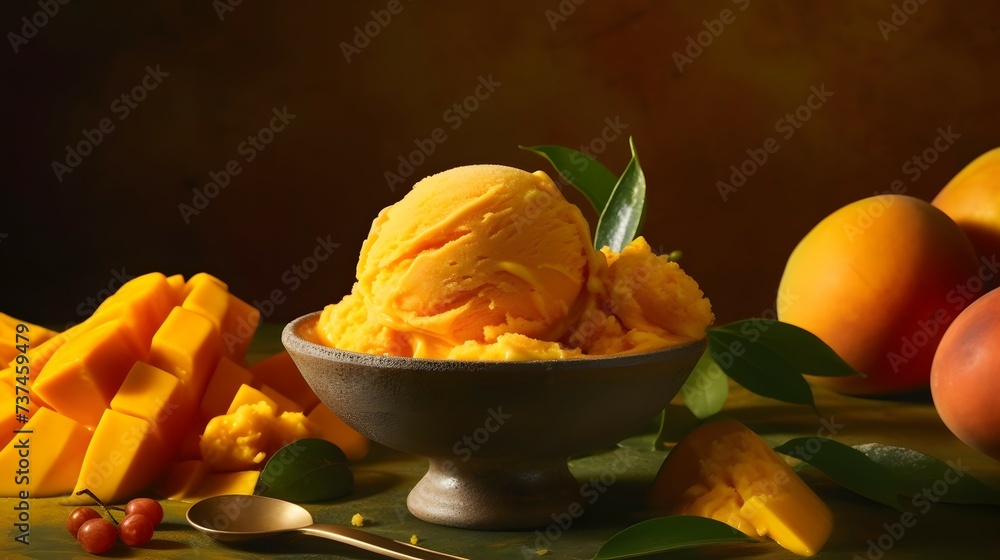 Mango sorbet with a bright orange color and tropical mango flavor . The ...