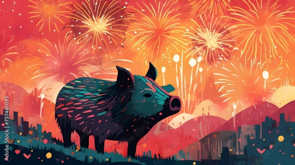 Pig in the background of a fireworks landscape . The background is a ...