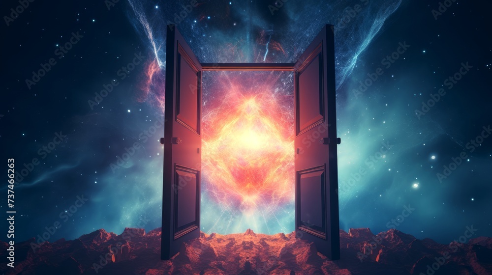 Door opening to a vibrant cosmic scene, merging a serene landscape with ...