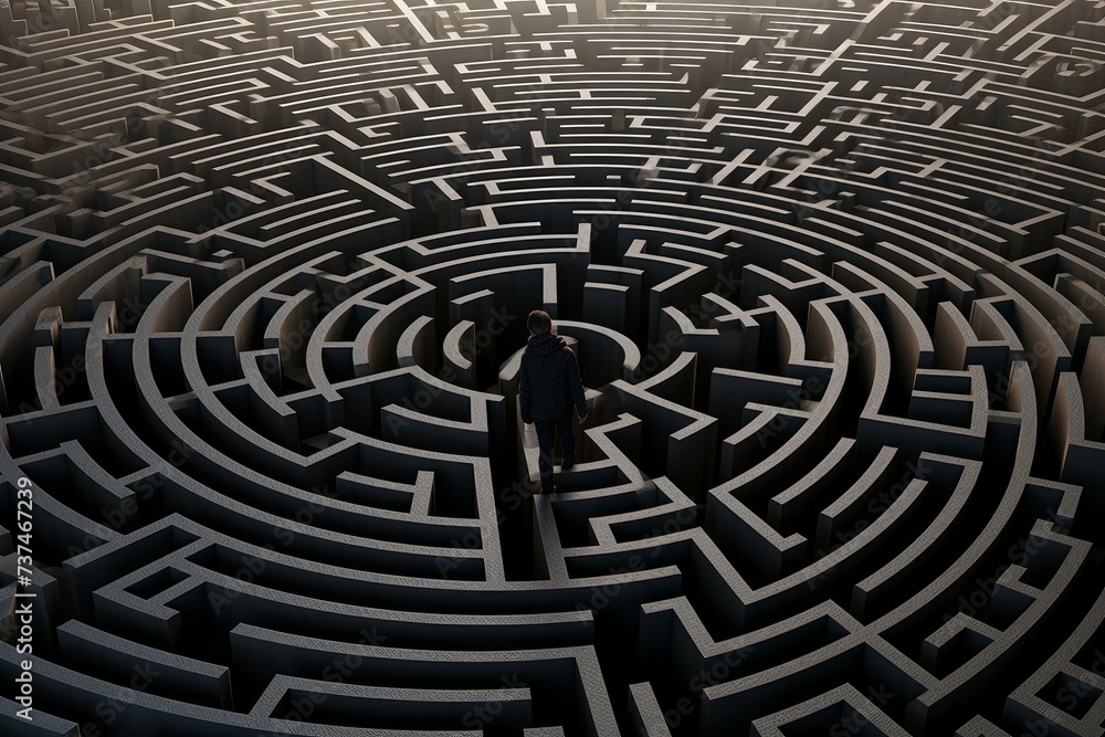 Persistent Man stuck in the middle of maze. Confused male blocked in ...
