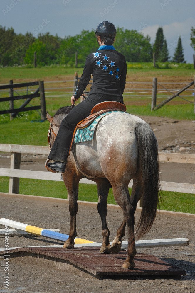 young female western rider riding rails at appaloosa youth show horse ...