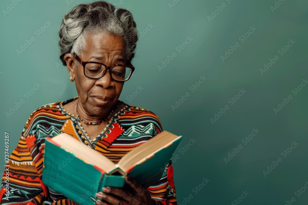 an old Black lady with sophisticated eyeglasses, reading a book, set ...