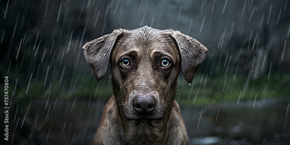 Sad dog with tears in its eyes on a rainy day. Concept Lonely Rainy ...