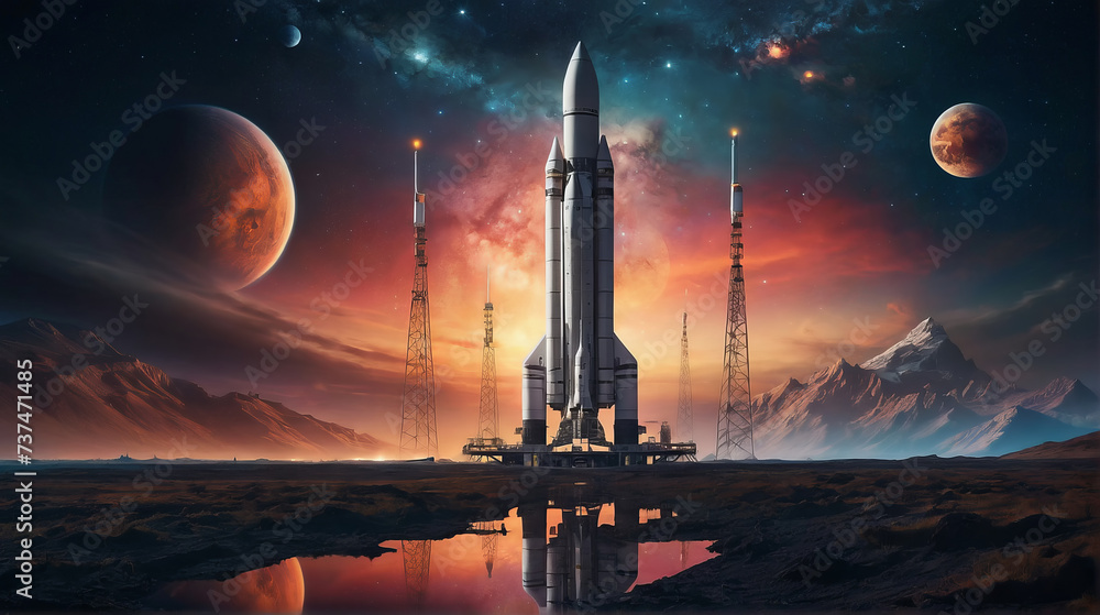 Space rocket stands among mountains before launch against beautiful ...