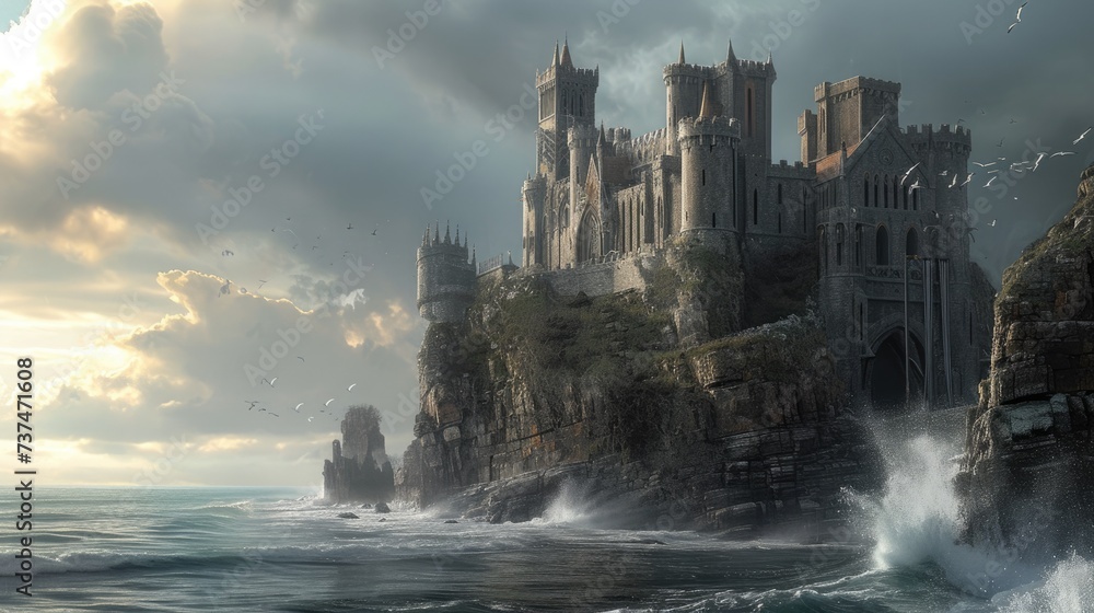 A historic medieval castle on a cliff, ocean waves crashing below ...