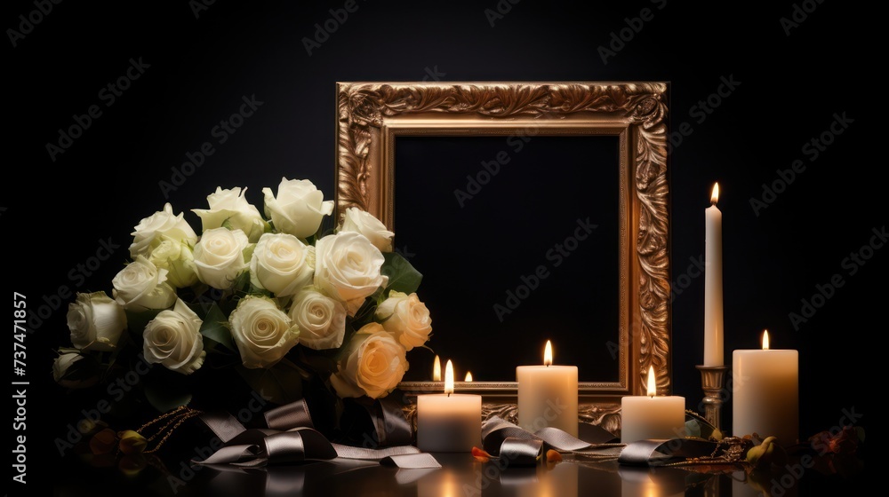Design space available for funeral photo frame with ribbon, white rose ...
