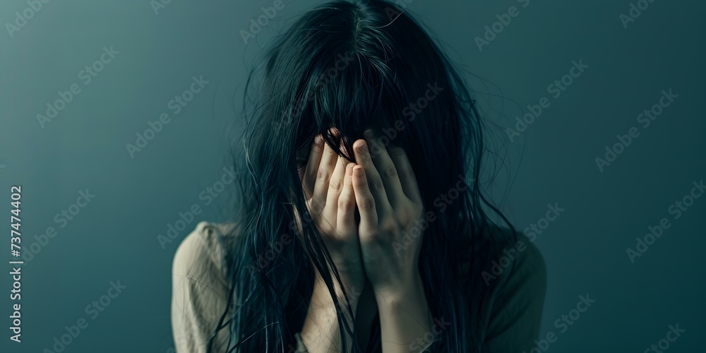 Foto de Emotional woman with black hair tearfully covering her face in ...