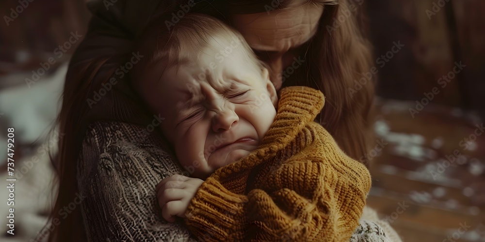 Mother comfortingly embraces her crying infant soothing him in peaceful ...