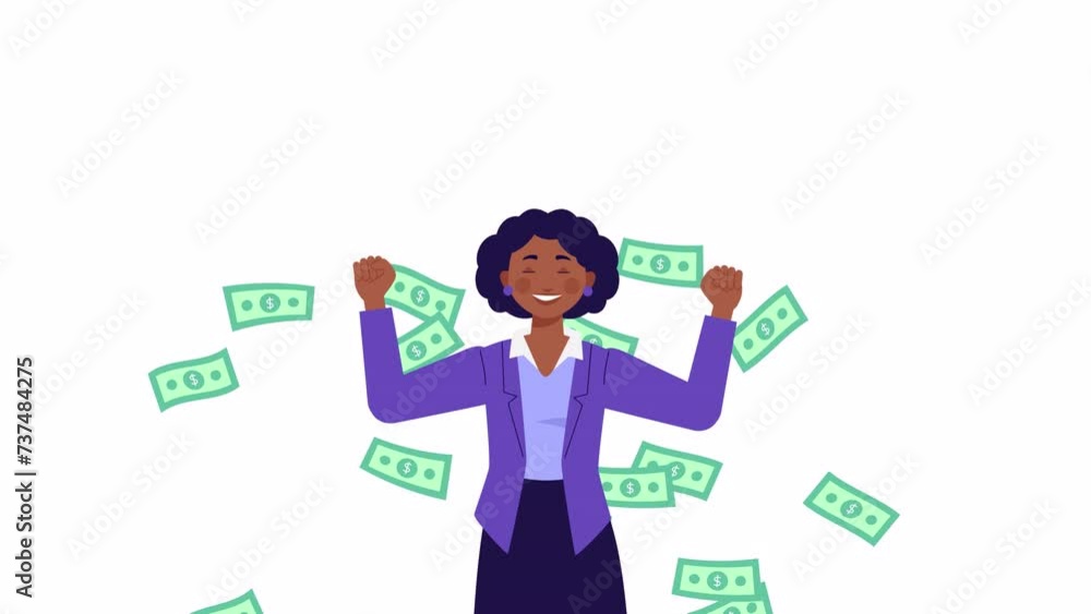 happy business woman animation, money rain. cartoon female character ...