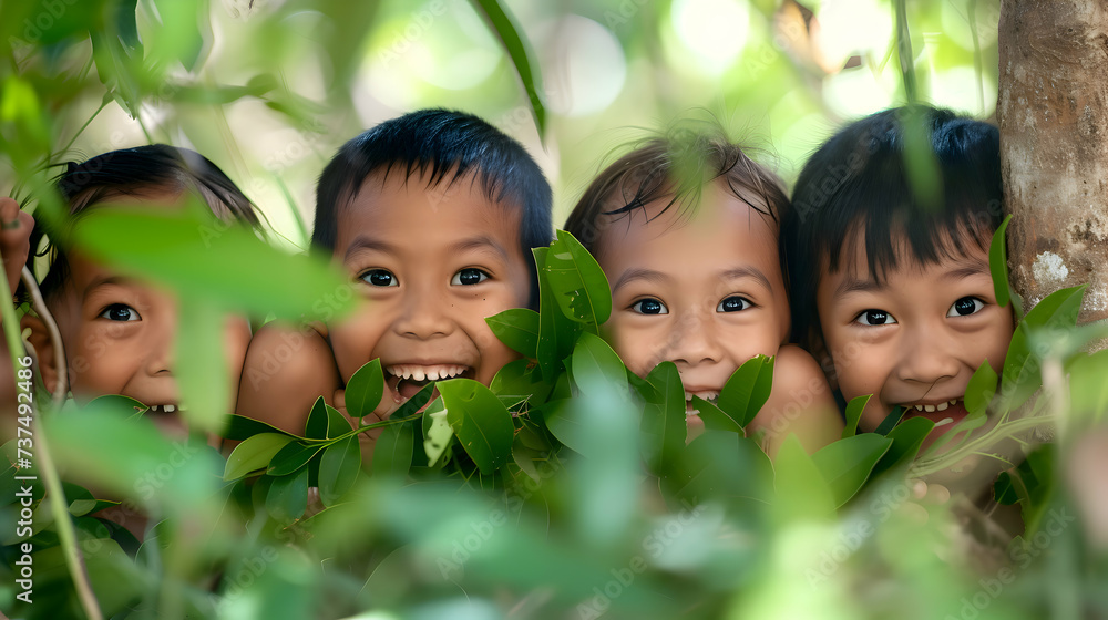 A group of children playing hide and seek outdoors in the park. Kids ...
