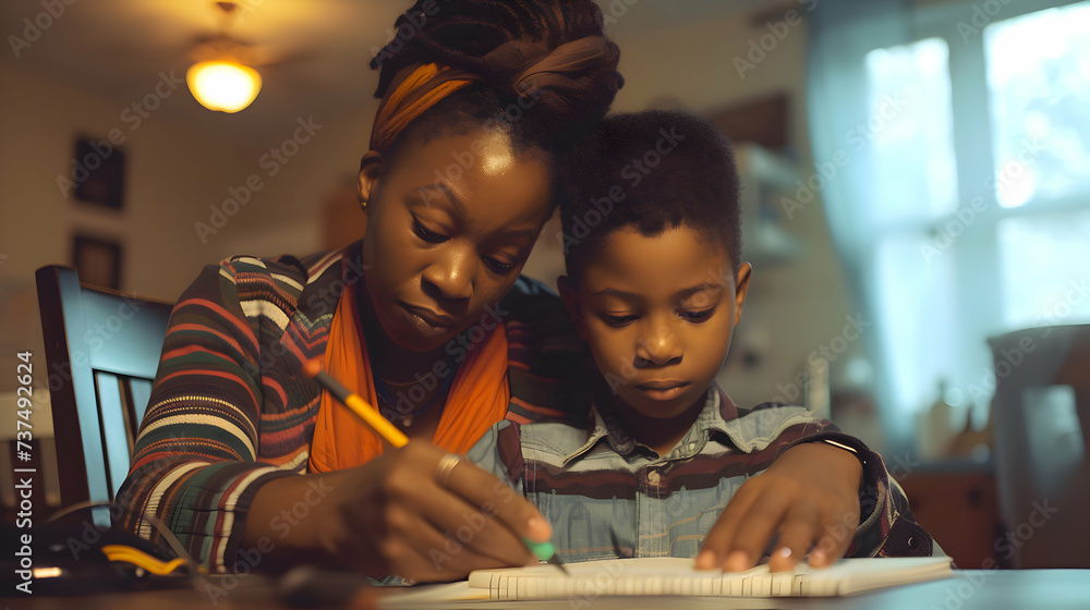 African american mother doing homework with her son. Black mum helping ...