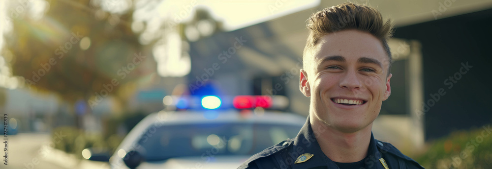 A Caucasian male police officer smiles with confidence while working ...