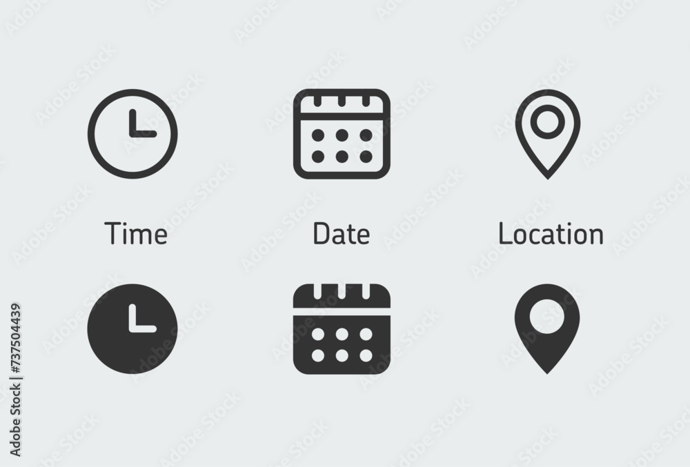 Time, date, location address icon set. Calendar, clock, map pin ... Time, date, location address icon set. Calendar, clock, map pin ...